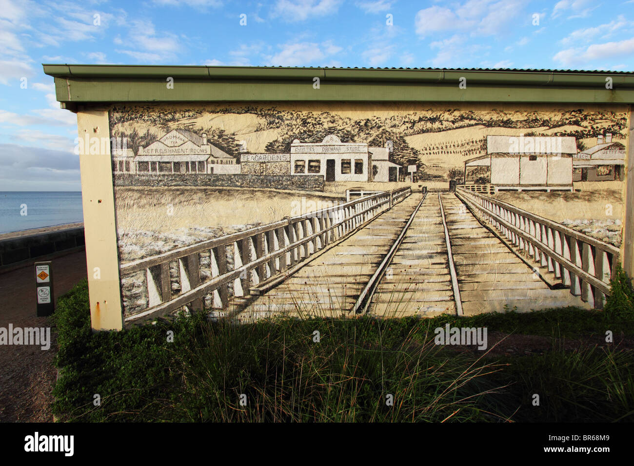 DRAWING ON THE SIDE OF A BUILDING DEPICTING A RAIL LINE THAT RAN TO THE ...