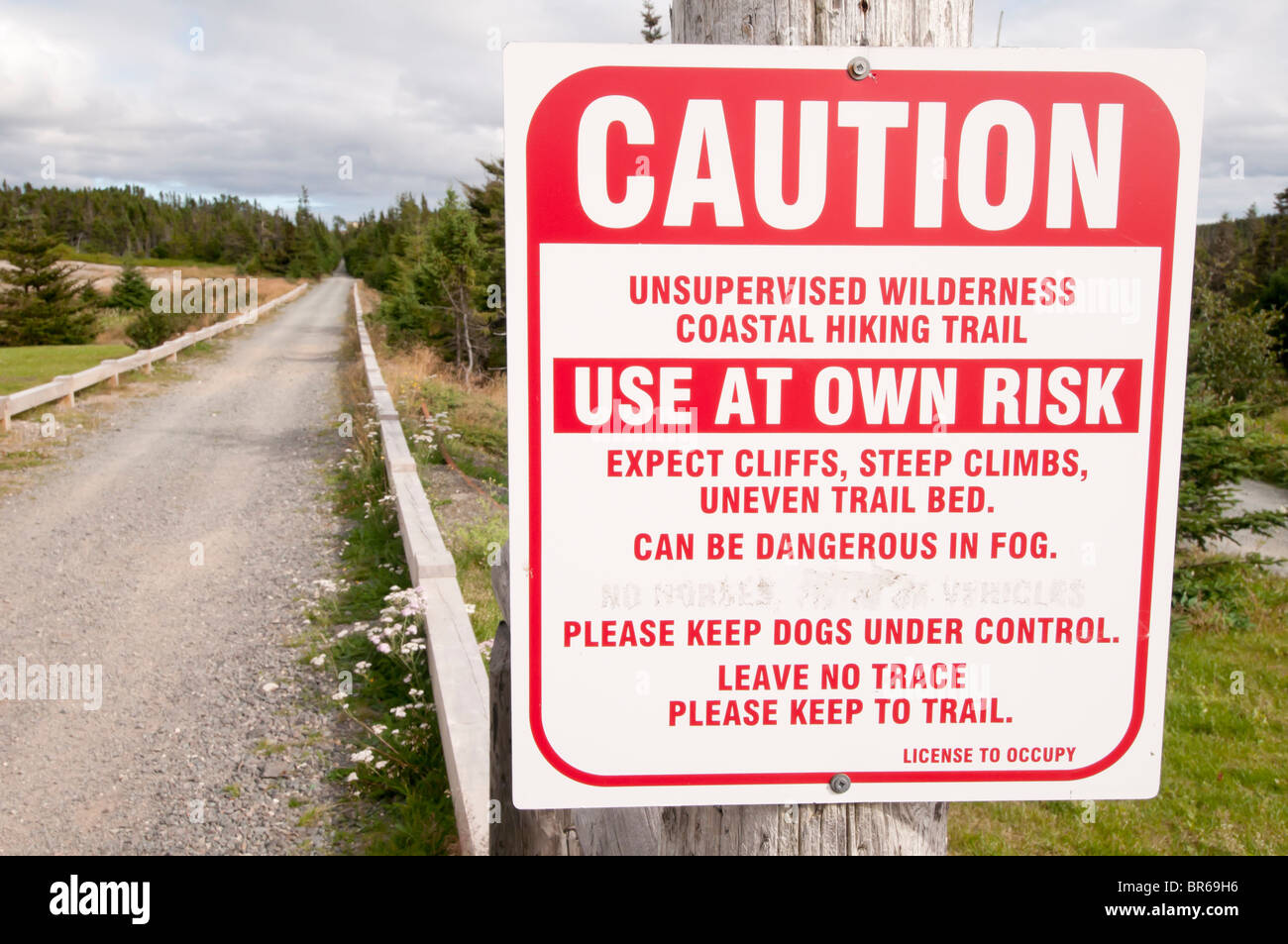 Caution, warning sign at the start of the Sherwink Trail, Trinity East ...