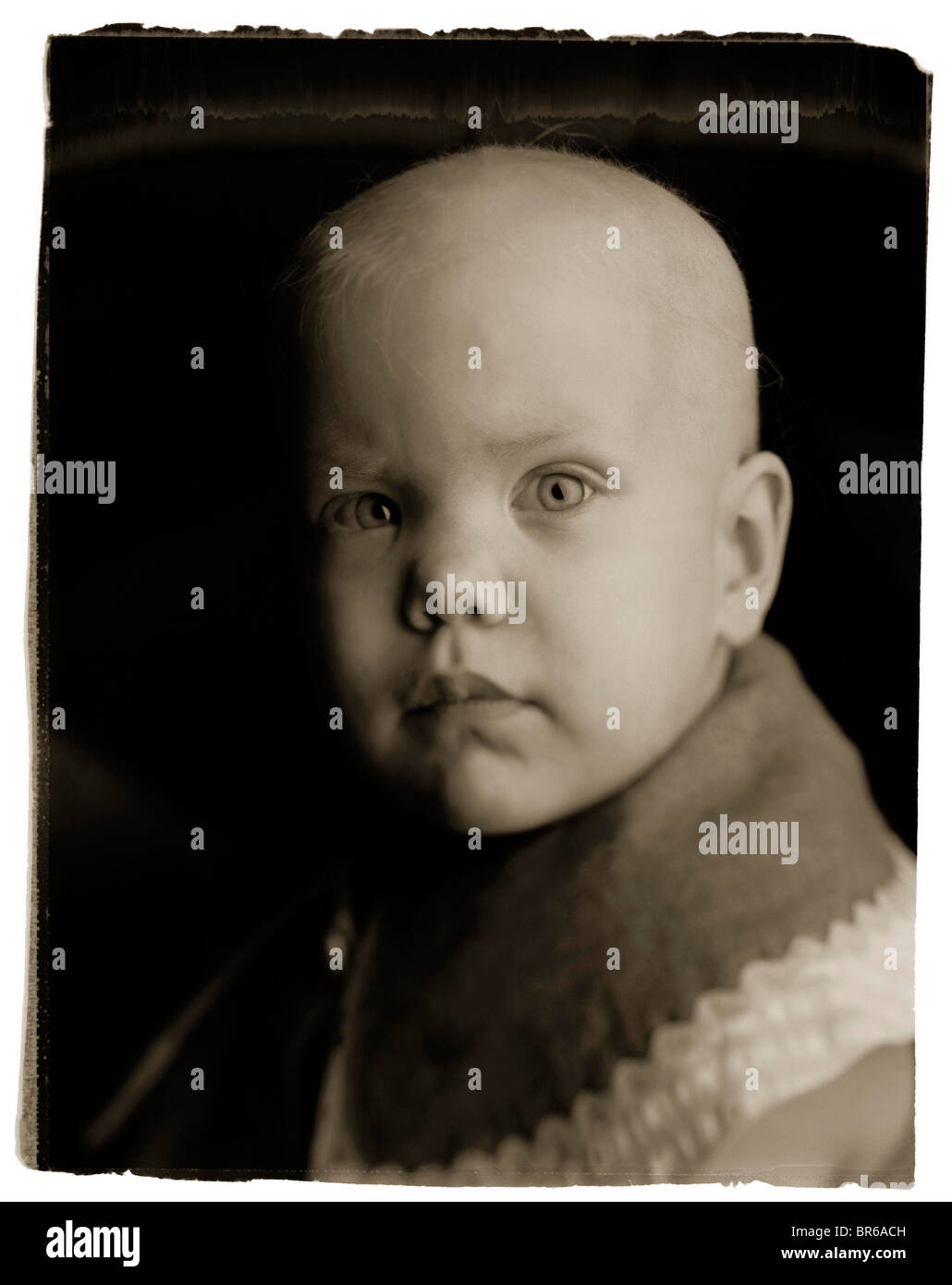 Portrait of a bald caucasian baby staring intensely into the camera ...