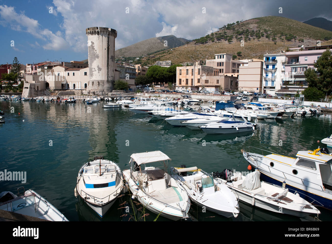 Torre di Mola boats touristic in little harbor Formia Italy Stock Photo ...