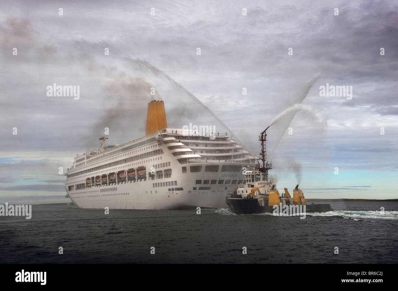 The Cruise ship Oriana leaving Kirkwall Harbour with a special farewell ...