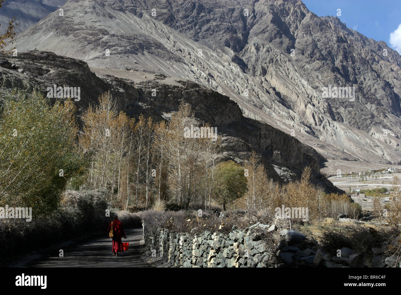 A Buddhist monk walks along a road in the town of Diskit in the Nubra ...
