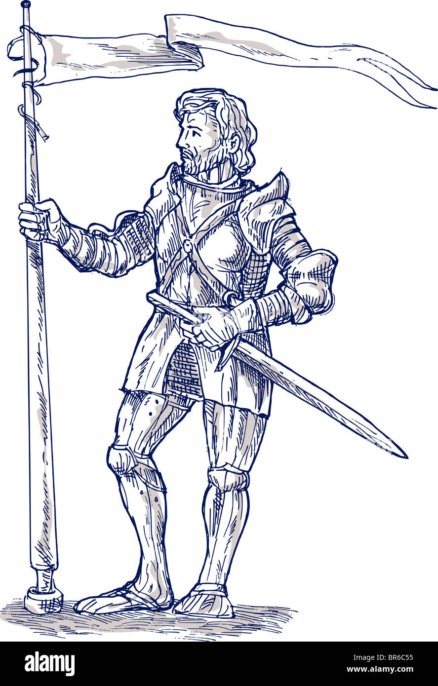 illustration of a Knight standing with lance and flag Stock Photo - Alamy