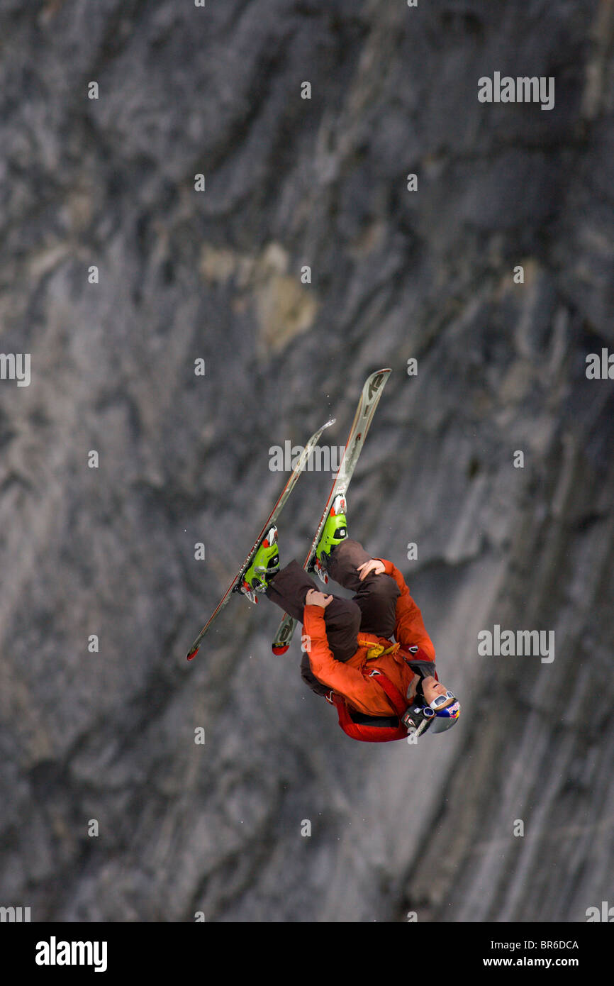 A male Ski BASE jumper jumps off an 800 foot granite cliff Stock Photo ...