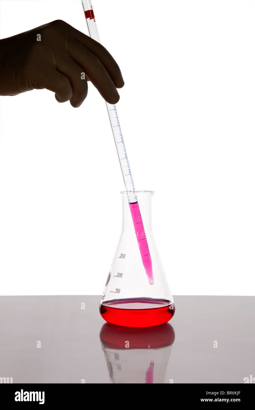 A lab technician using a dropper to put fluid into a beaker, close-up ...