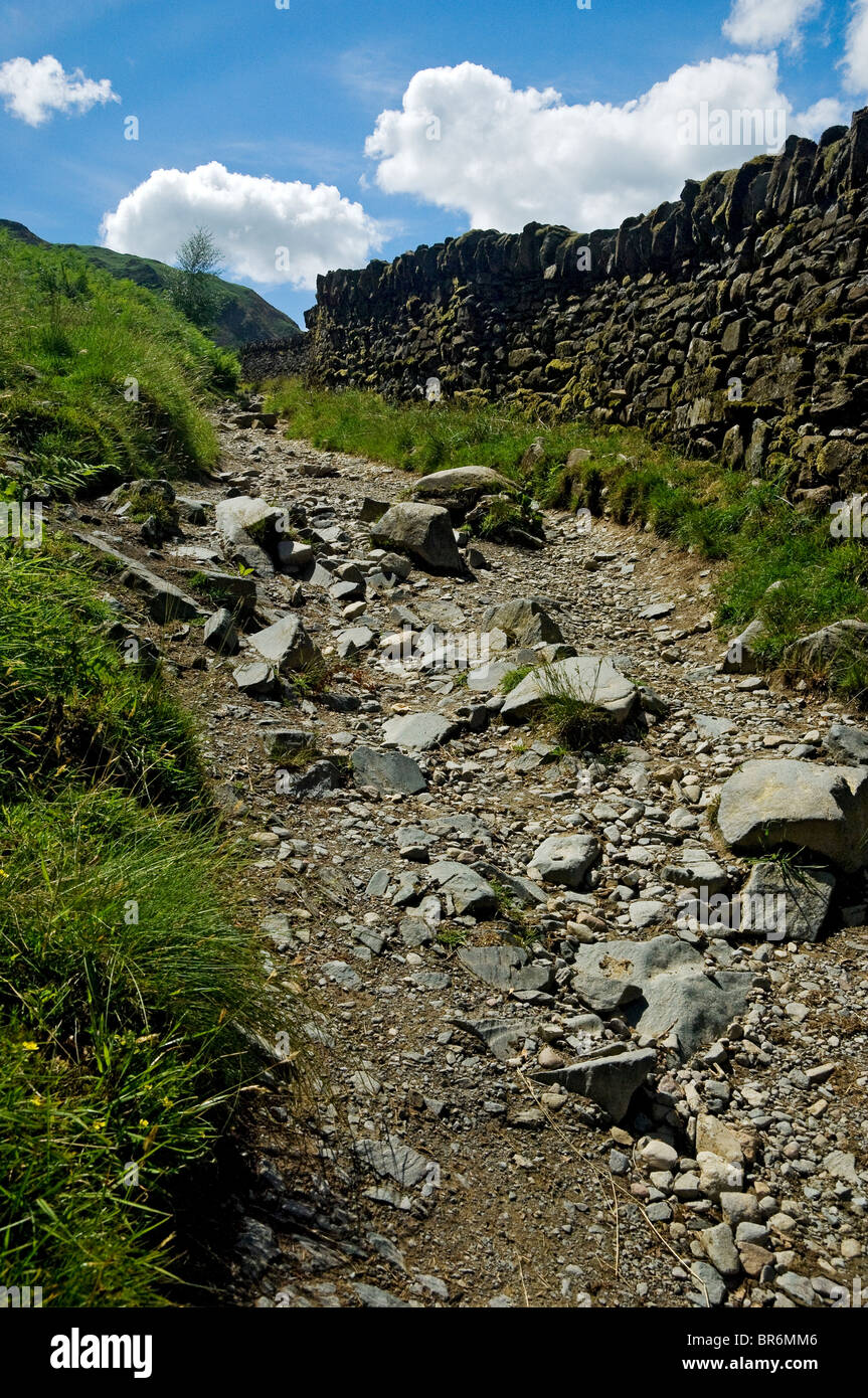Footpath path walk and dry stone wall leading up to Loughrigg Fell in ...