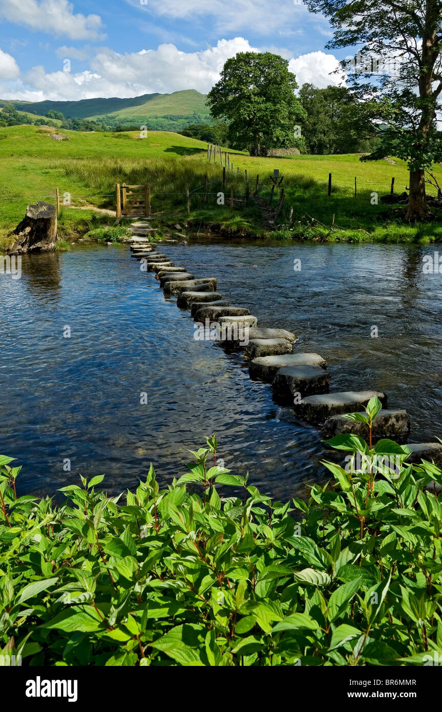 Stepping stones crossing across River Rothay in summer near Ambleside ...