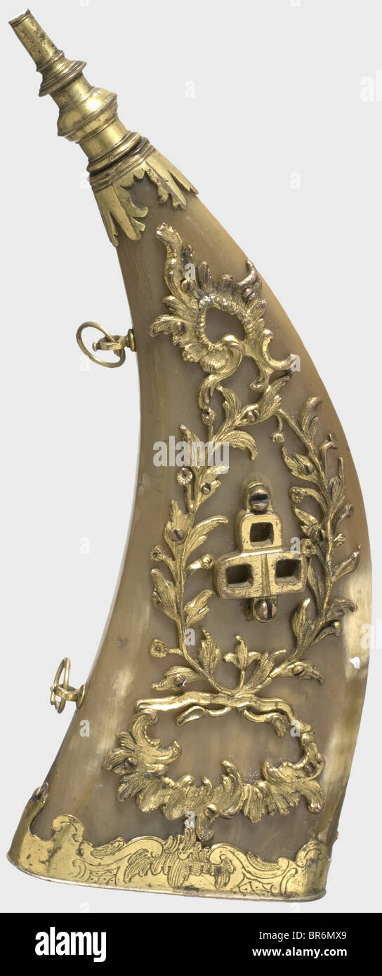 A German powder horn, circa 1740. Body of pressed greenish cow horn ...