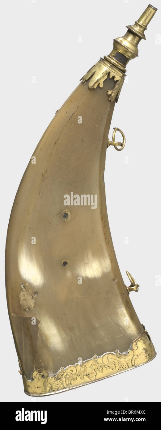 A German powder horn, circa 1740. Body of pressed greenish cow horn ...