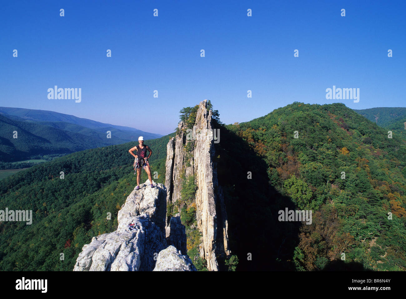 Male stands atop the South Peak summit at Seneca Rocks WV Stock Photo ...