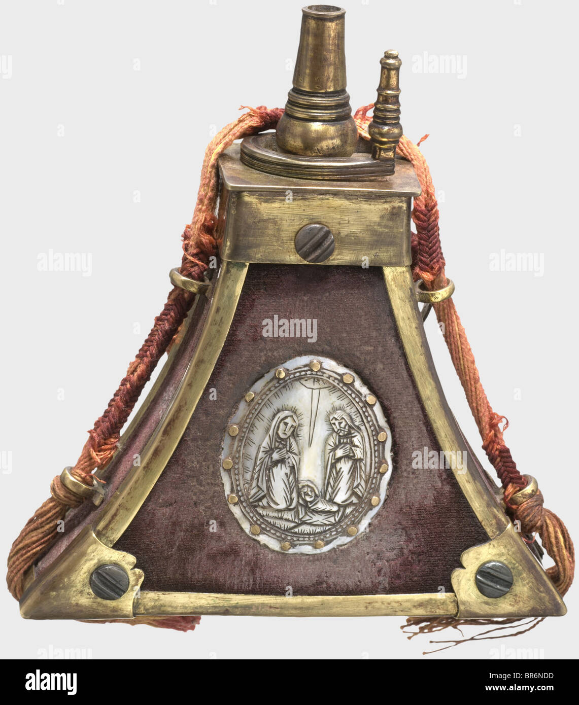 A splendid powder flask, France or Italy, circa 1600. Wooden body with ...