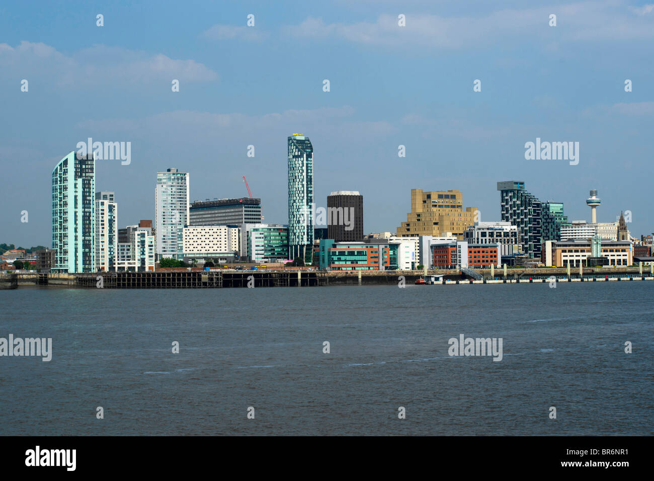 The River Mersey from the Wirral with The Royal Liver Buildings in the ...