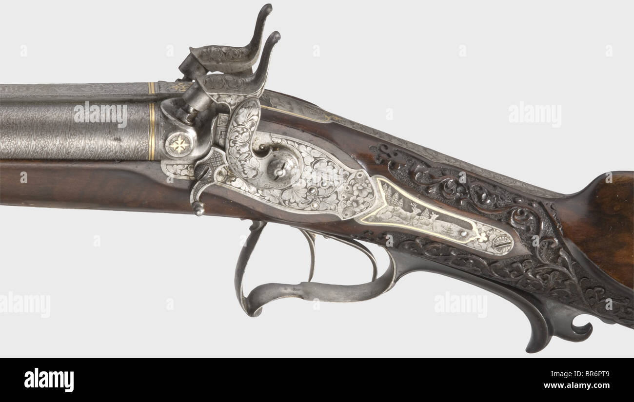 A percussion rifle, circa 1850. Rifled Damascus barrels in 14 mm ...