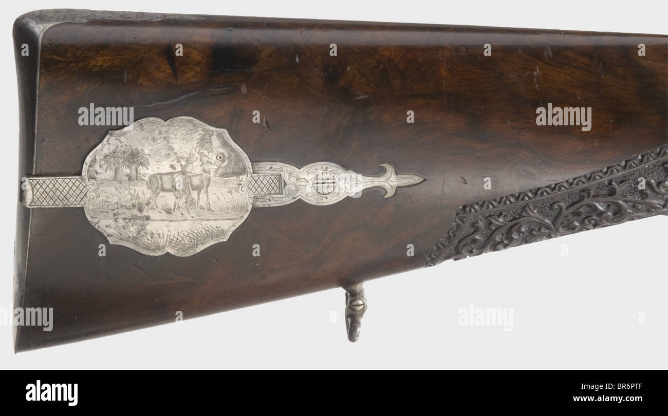 A percussion rifle, circa 1850. Rifled Damascus barrels in 14 mm ...
