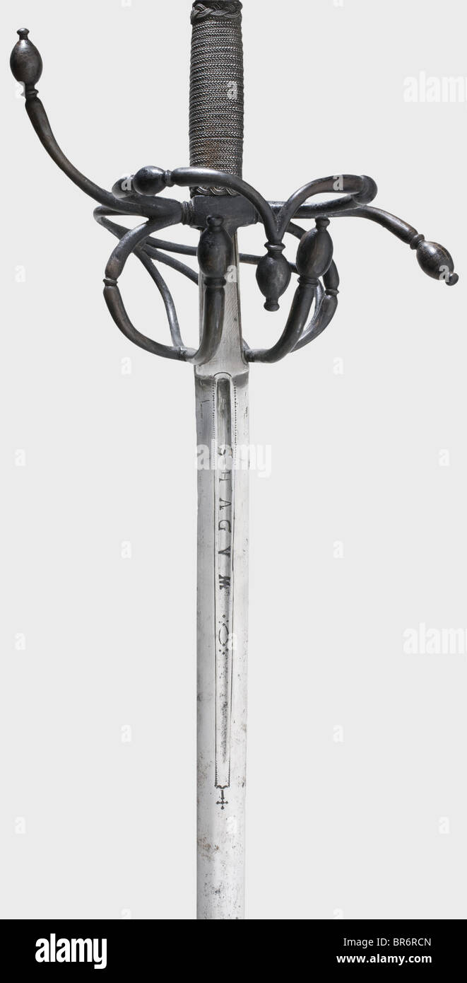 A long French rapier, circa 1600. Sturdy thrusting blade of flattened ...