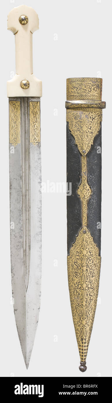 A gold-inlaid kinjal, Azerbaijan, 19th century. Broad, double-edged ...