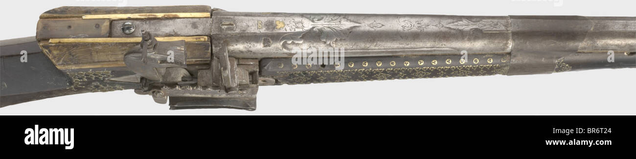 An Ottoman miquelet lock rifle, 18th century. Barrel with a mid rib and ...