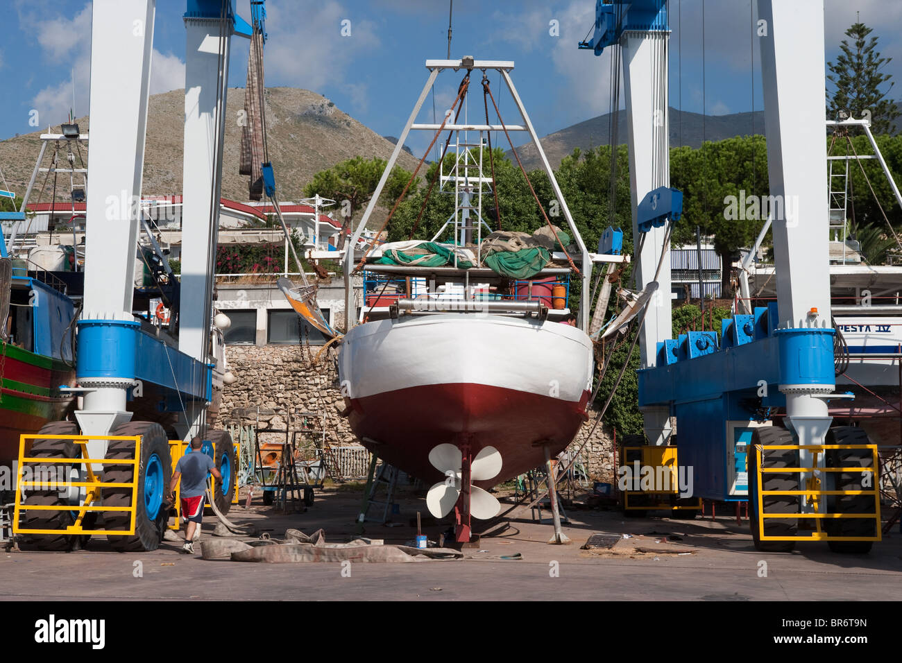 Fishing boats trawlers in shipyard Mediterranean sea Formia Campania ...