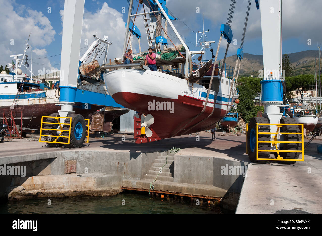 Fishing boats trawlers in shipyard Mediterranean sea Formia Campania ...