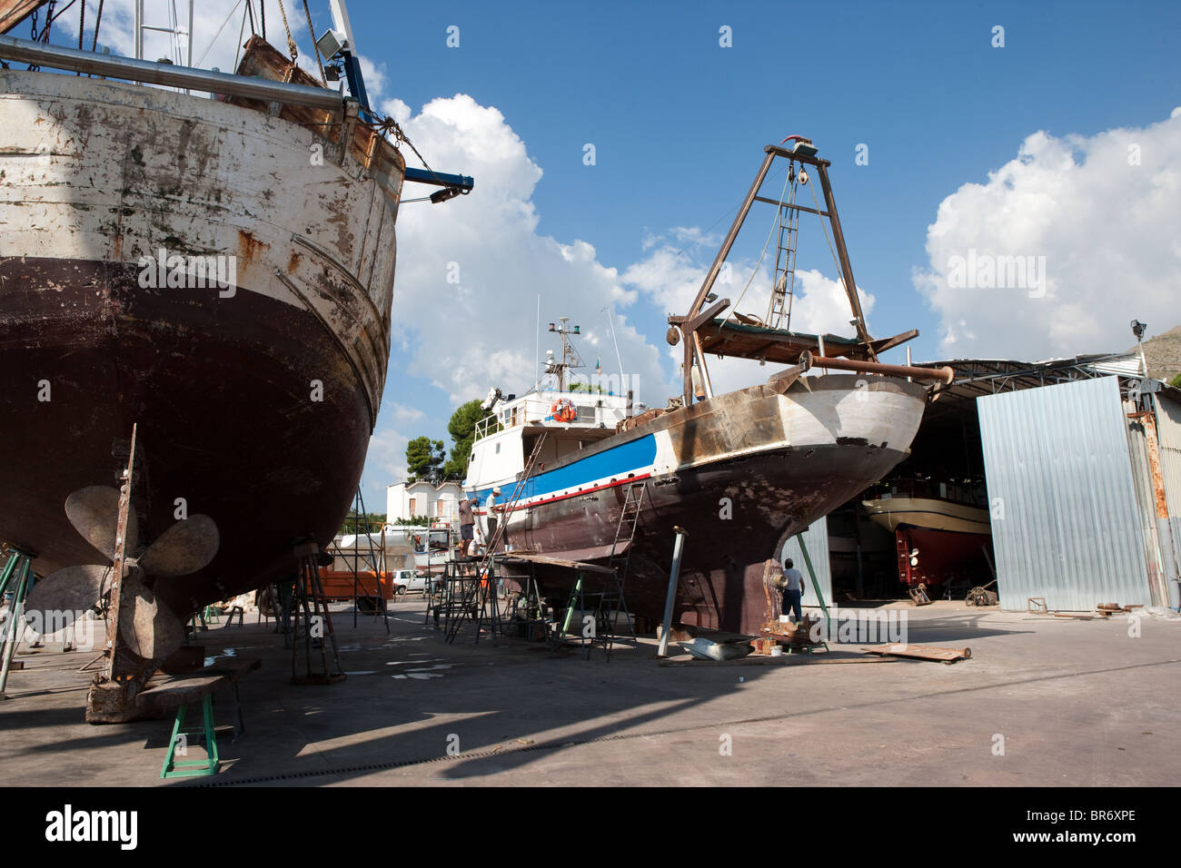 Fishing boats trawlers in shipyard Mediterranean sea Formia Campania ...