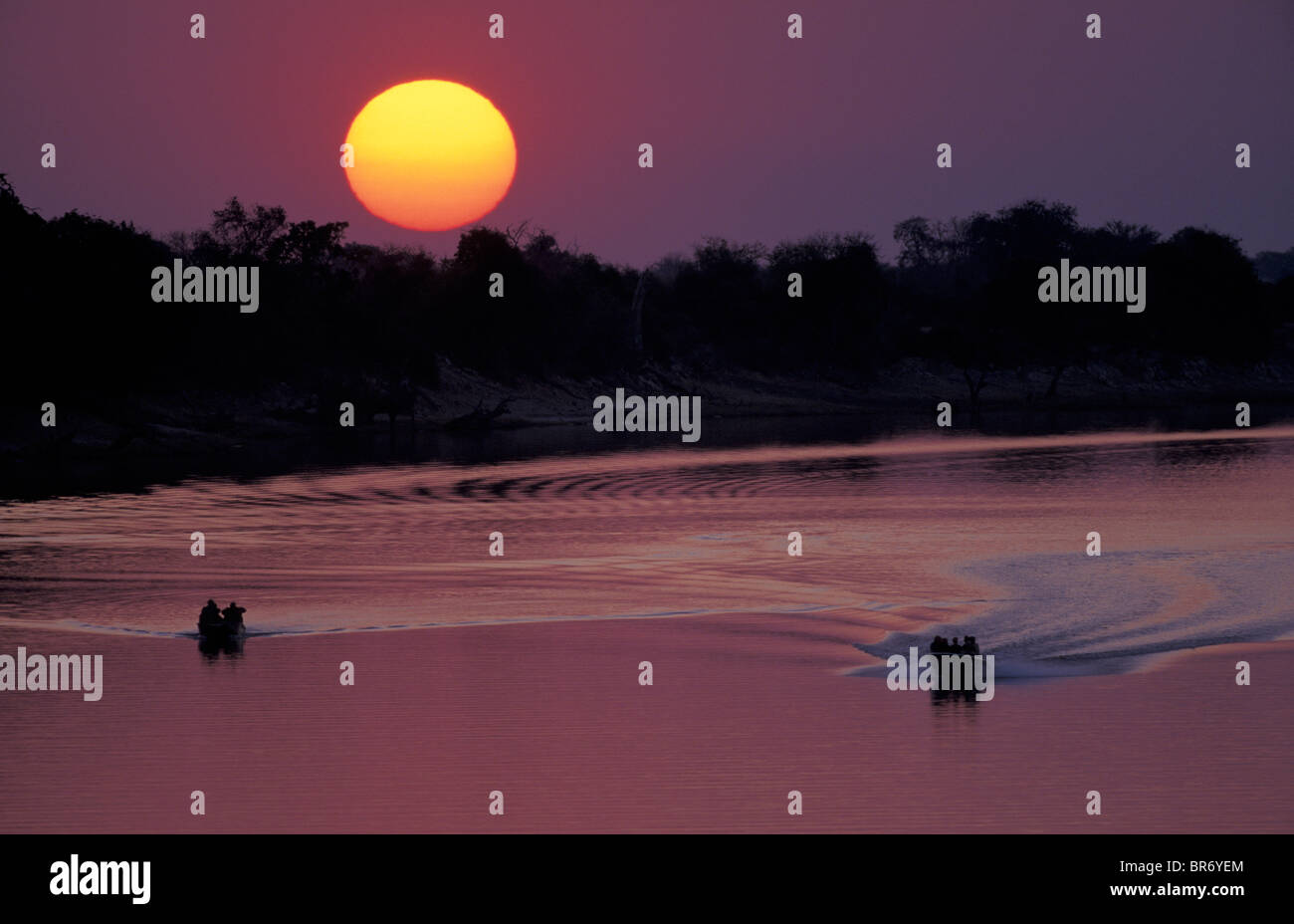 Game viewing boats at sunset. Chobe river, Chobe NP, Botswana Stock ...