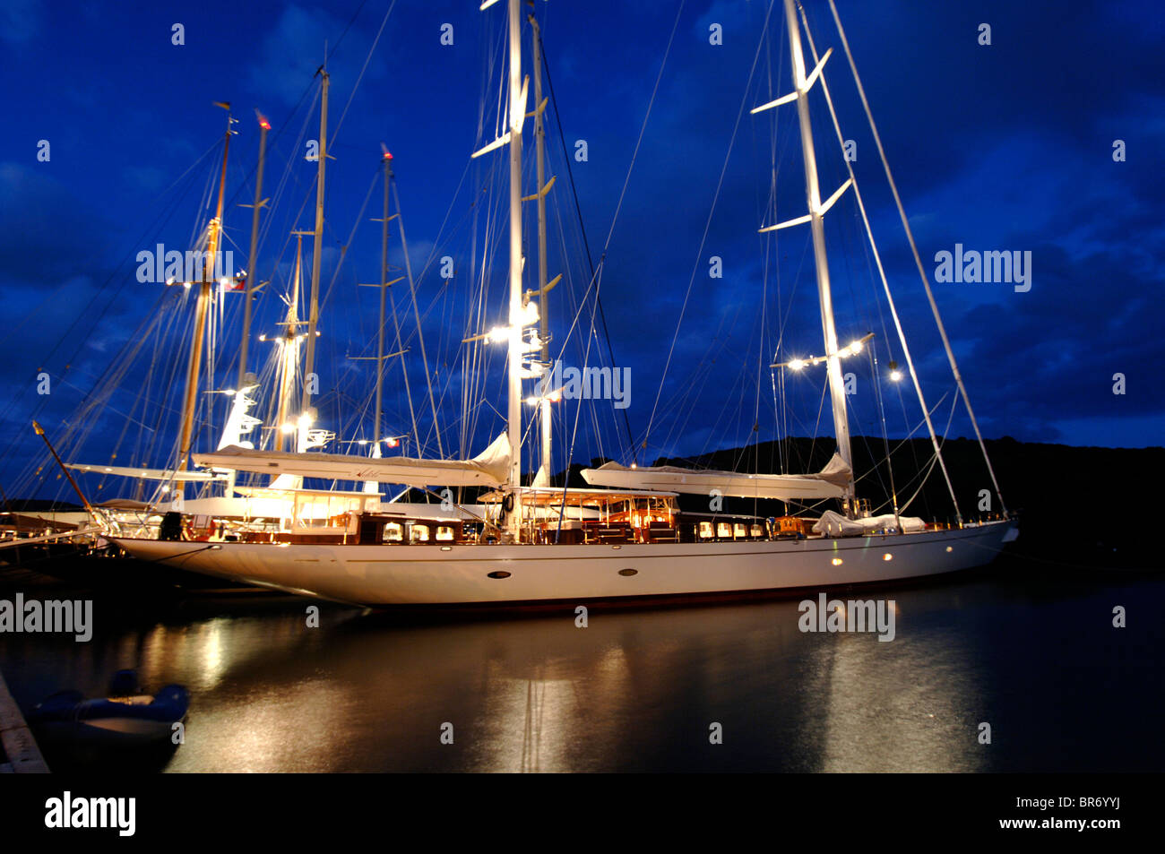 SY "Adele", 180 foot Hoek Design, moored at dusk in Nelson's Dockyard ...