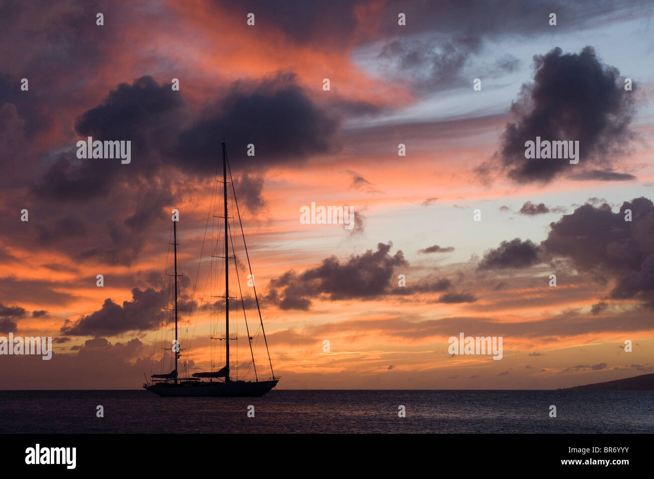 Silhouette of SY "Adele", 180 foot Hoek Design, moored off Saint Kitts ...