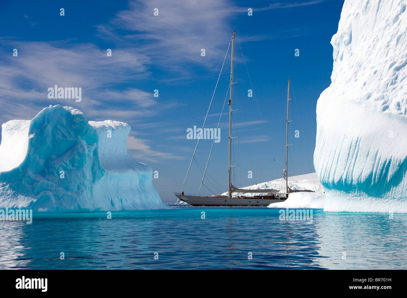 SY "Adele", 180 foot Hoek Design, motoring past icebergs in Wilhelmina ...