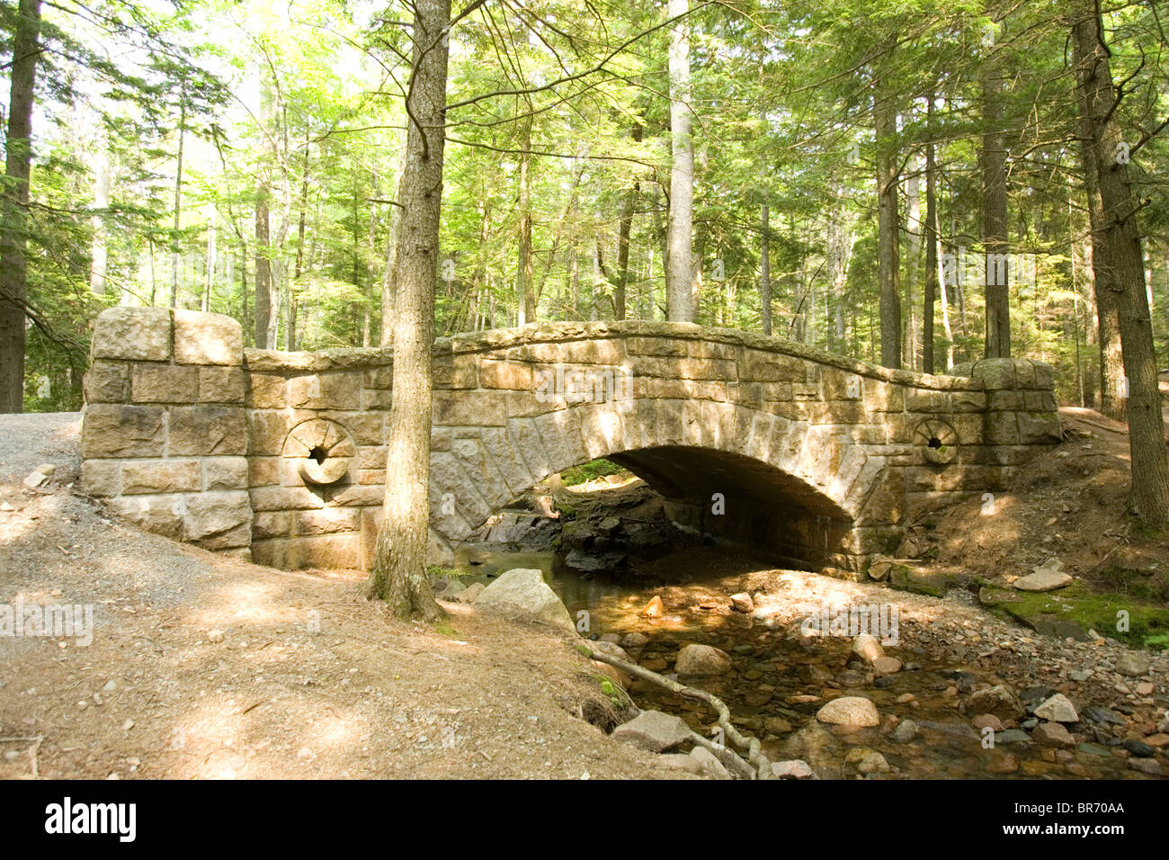 A stone bridge along the carriage roads at Acadia National Park in ...