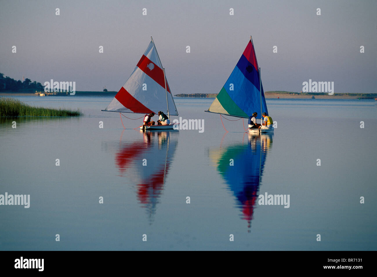 A pair of Sunfish out on an early morning sail off Cape Cod ...