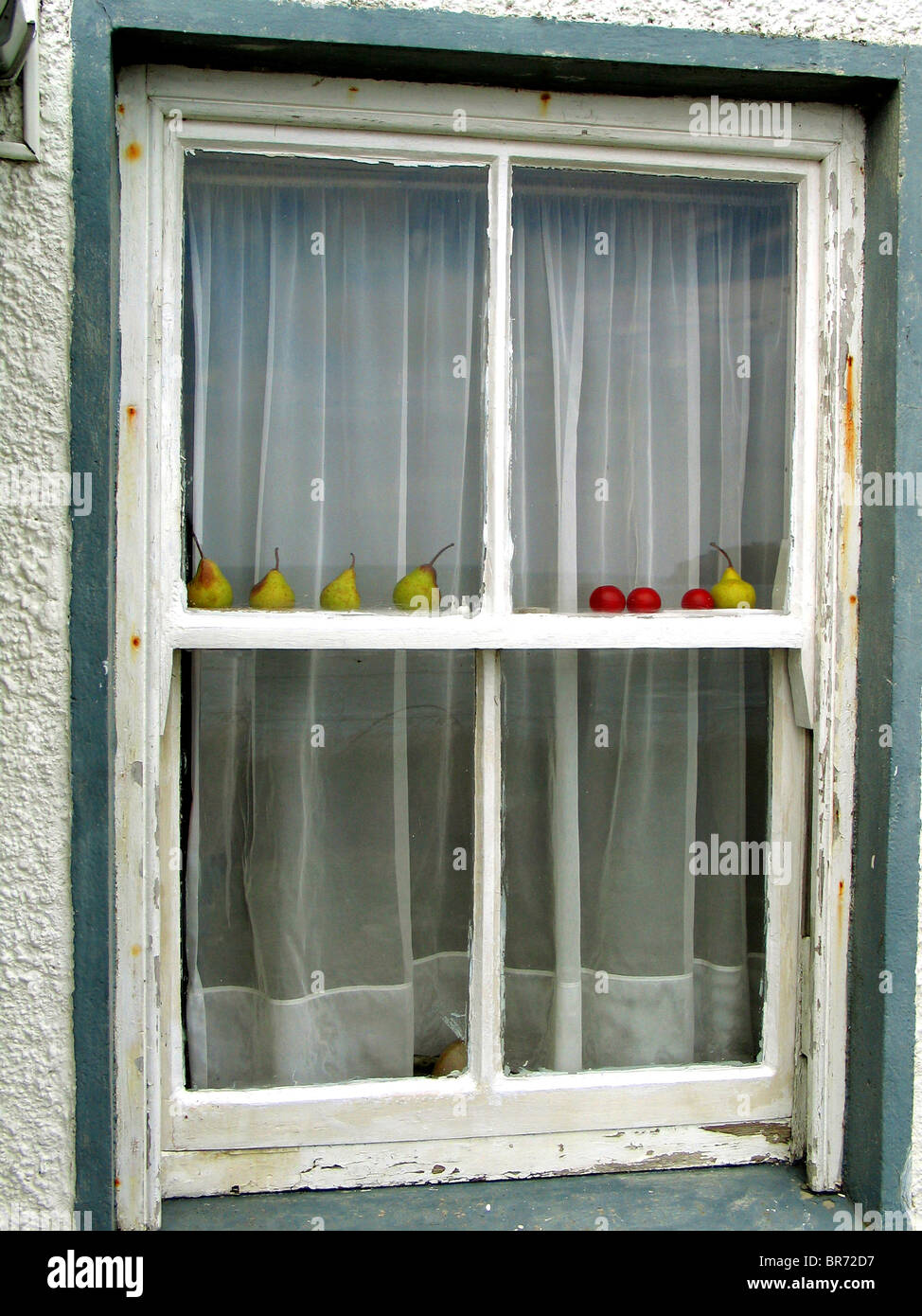Fruits and tomatoes behind a window with a seascape reflection in Cork ...