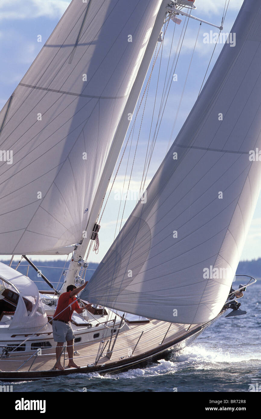 Man tightening the leech line aboard a Hinckley cruising sailboat in ...