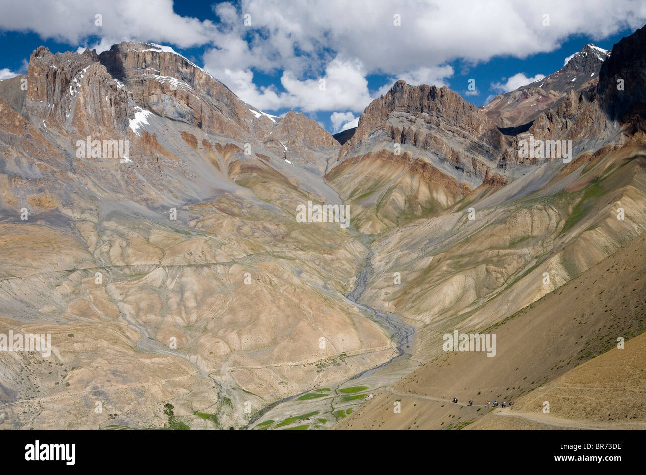 Horse caravan walks along trail in rugged Zanskar Mountains of Ladakh ...