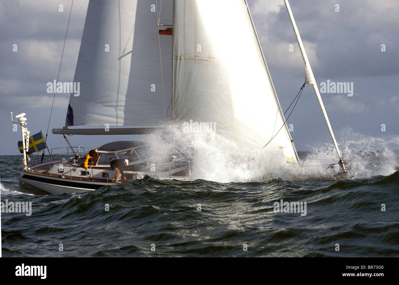 Hallberg Rassy 62 "Bamsen" moves through the waves off the coast of ...