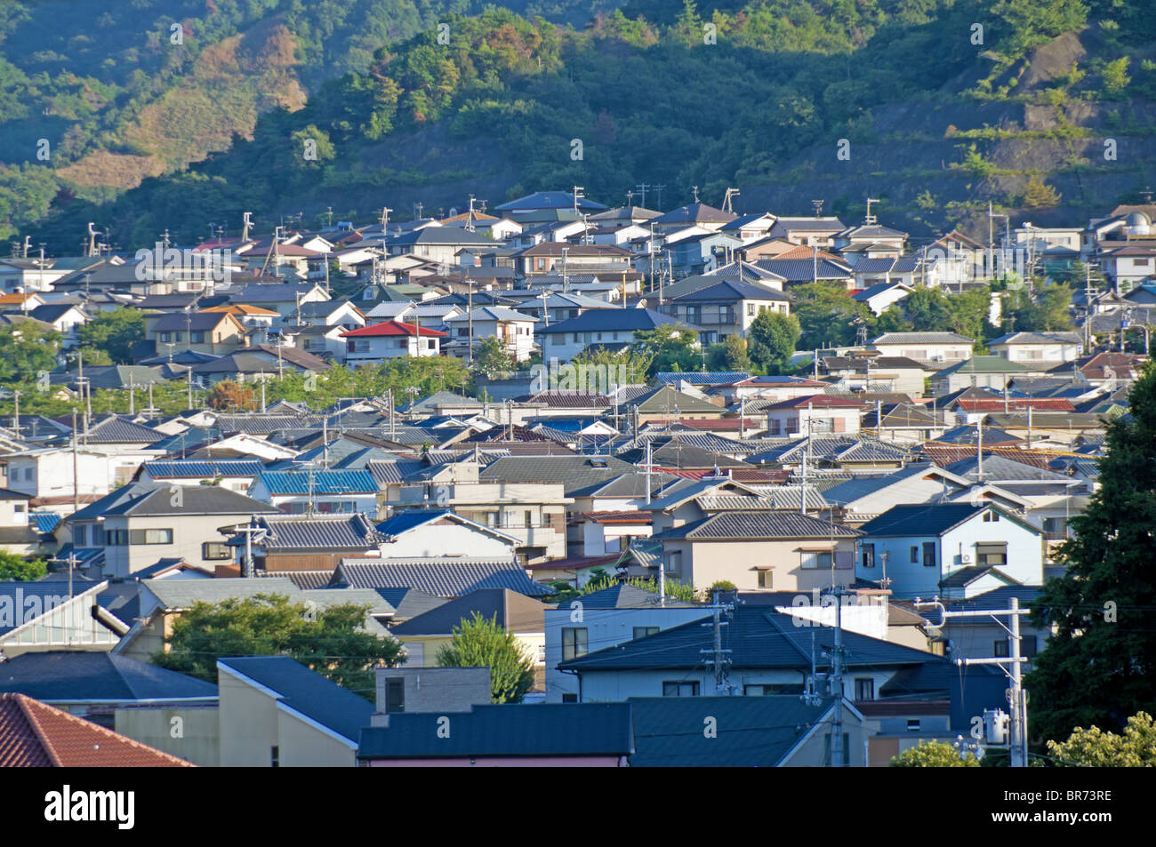 A typical Japanese town nestled up against the mountainside in Osaka ...