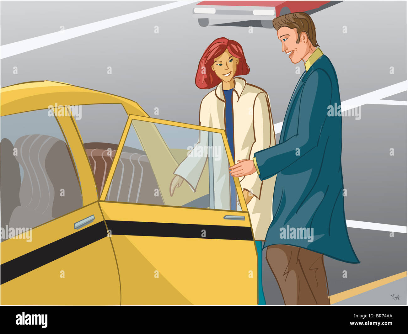 An illustration of a couple getting into a taxi cab Stock Photo - Alamy