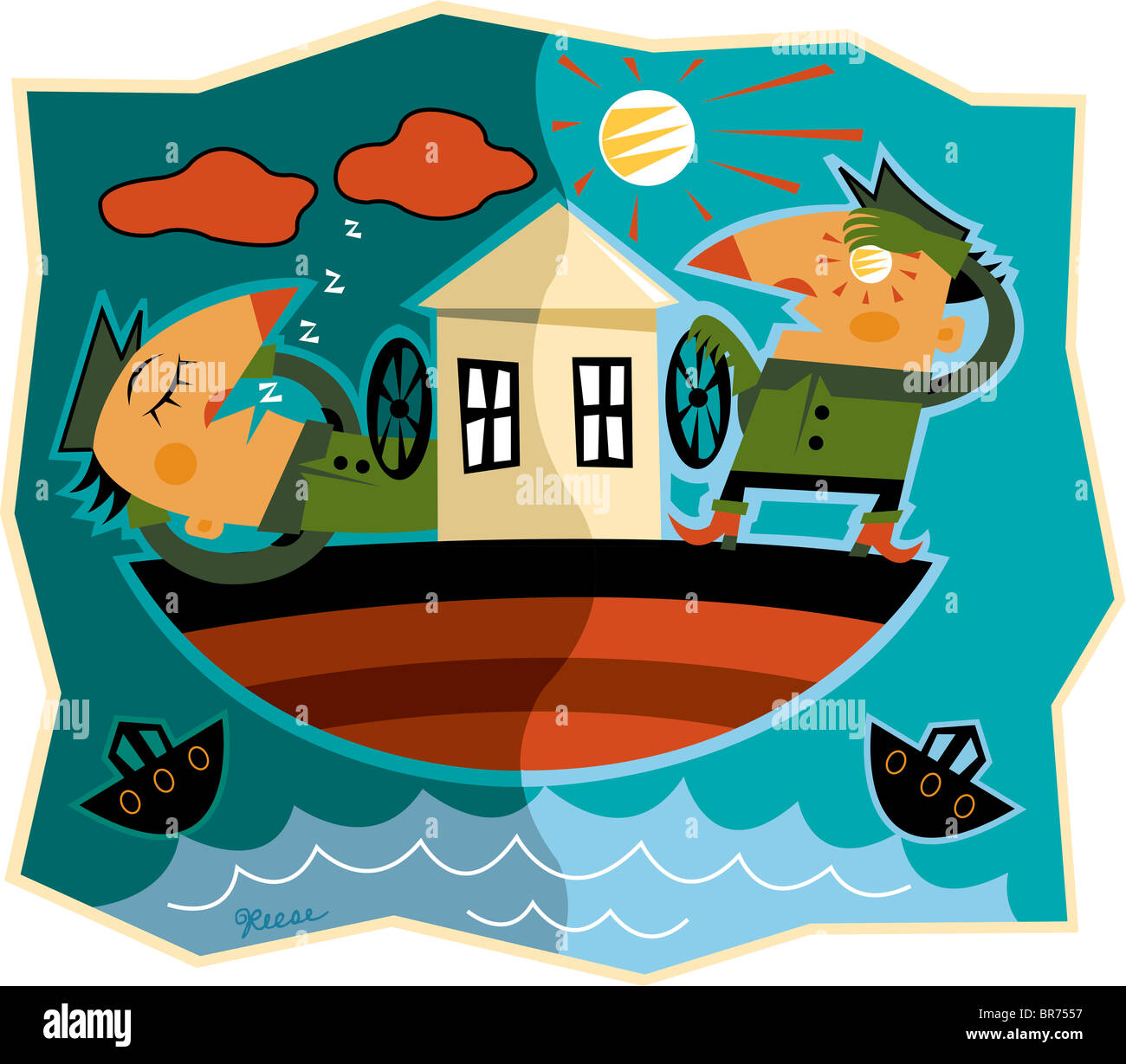 A captain asleep at the wheel of his boat and a captain with the sun in ...