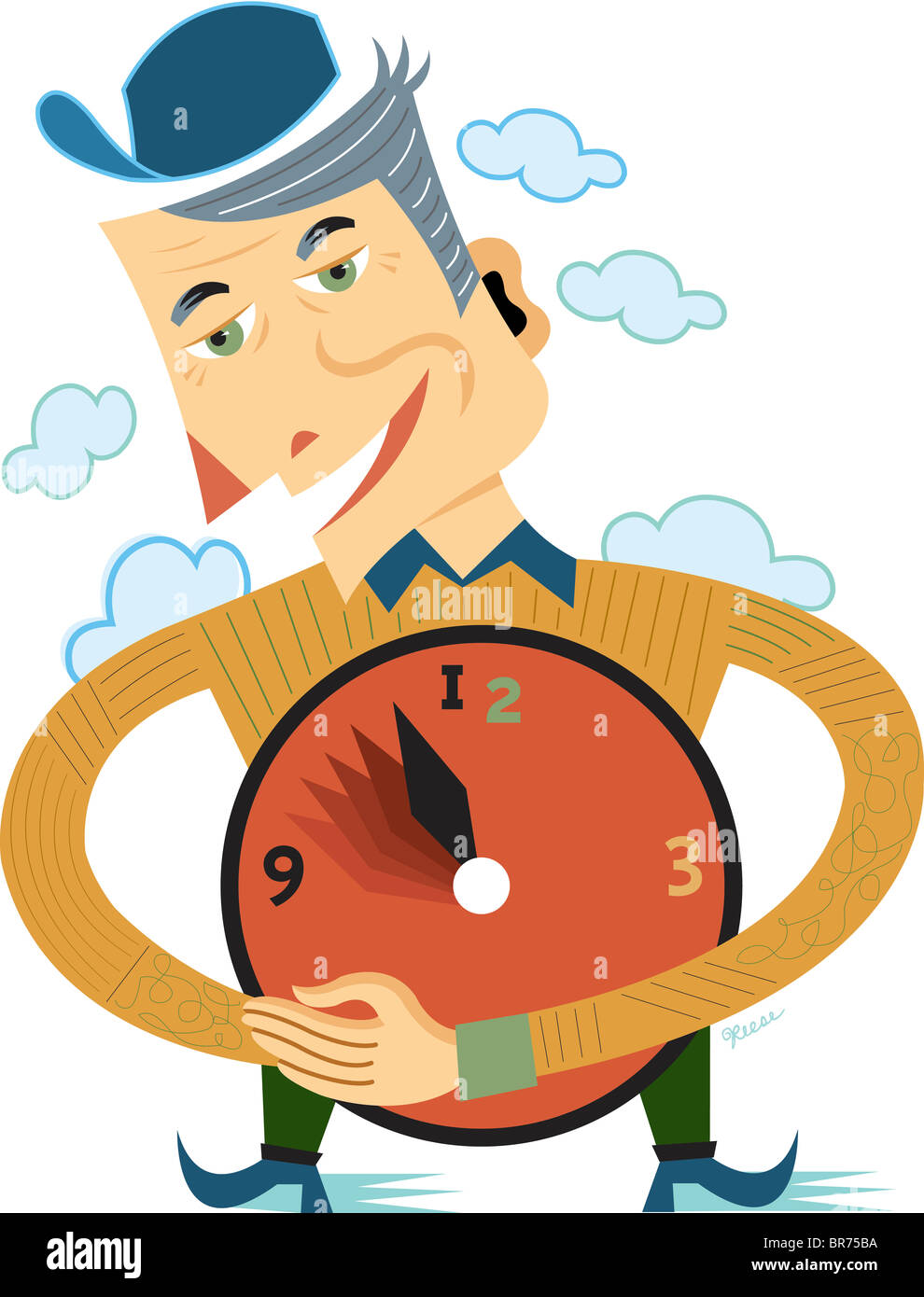An ageing man holding a clock Stock Photo - Alamy