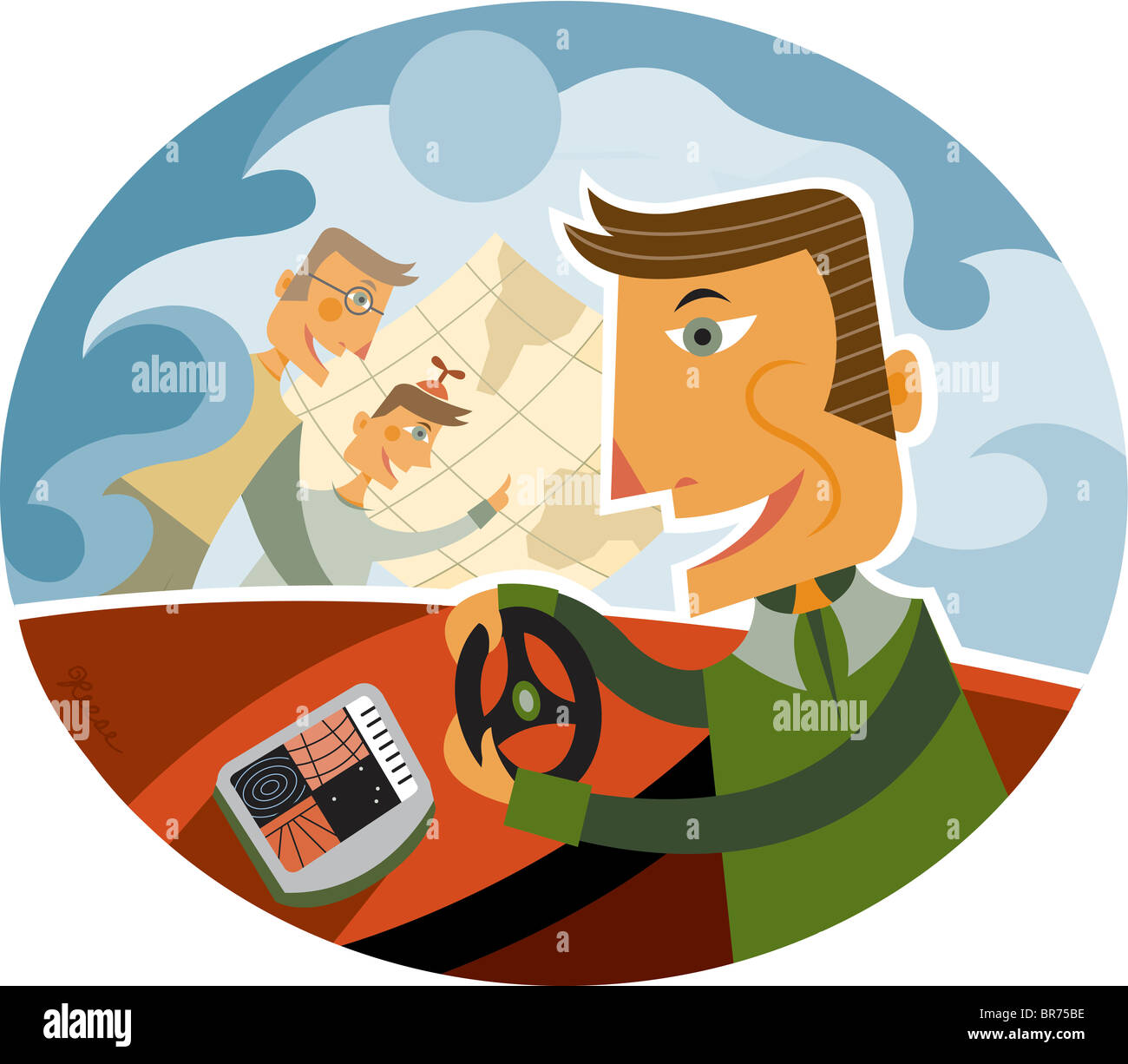 A man navigating a boat using a gps while a father and son in the ...