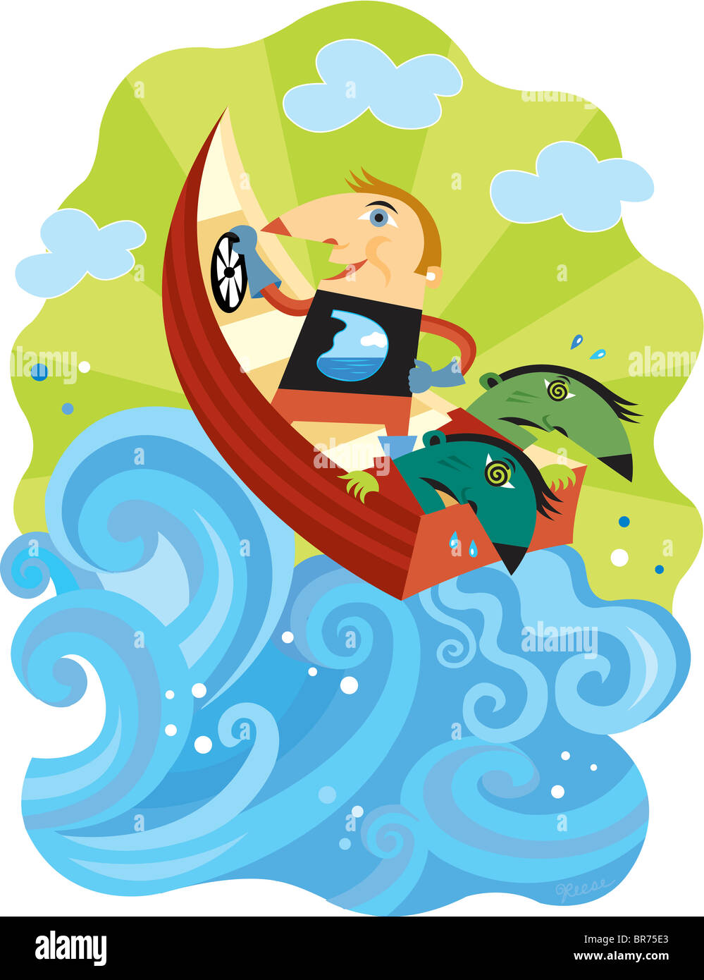 A man steering a boat on rough waters while his friends are seasick ...