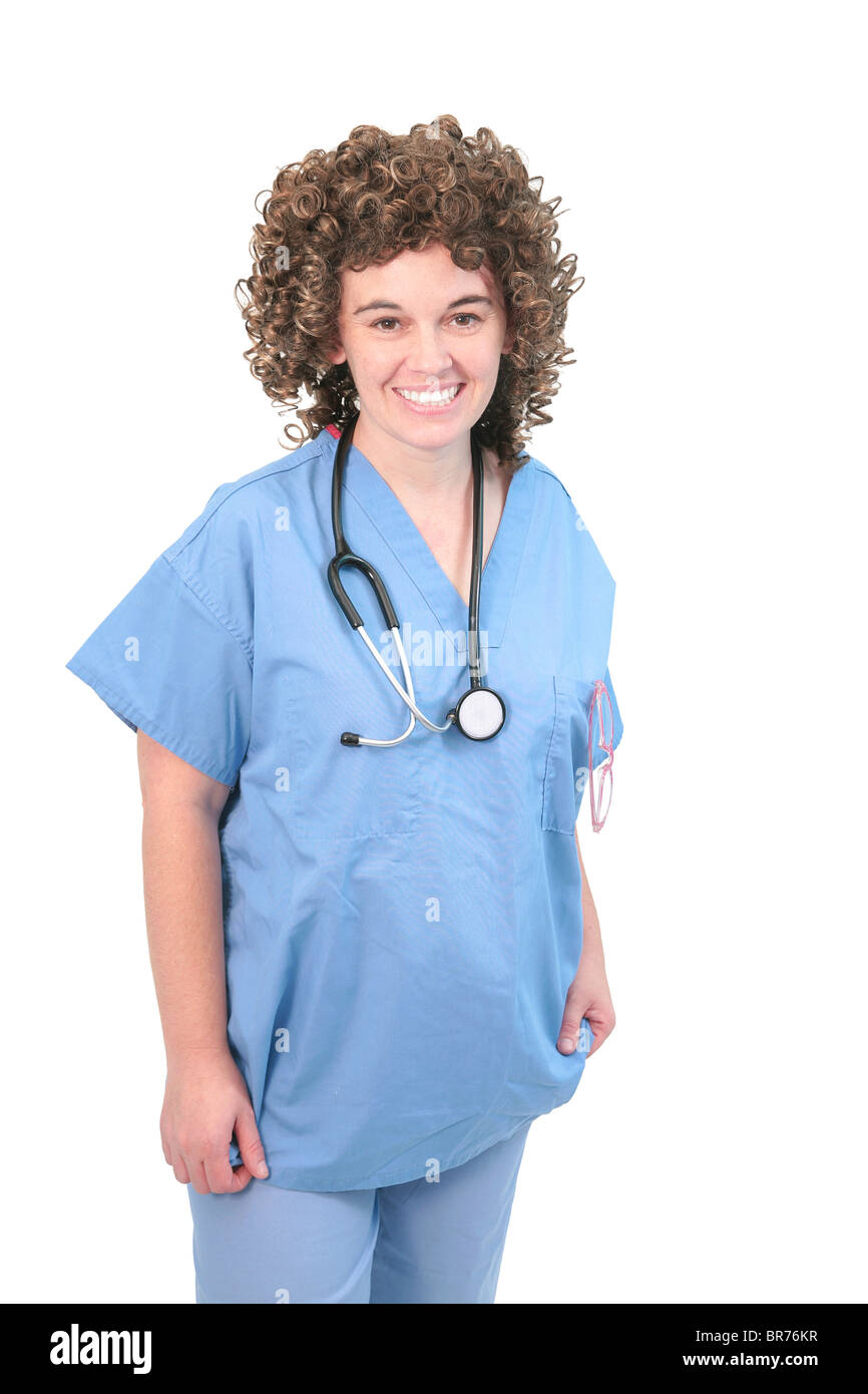 one fuzzy haired woman doctor with stethoscope and scrubs over white ...