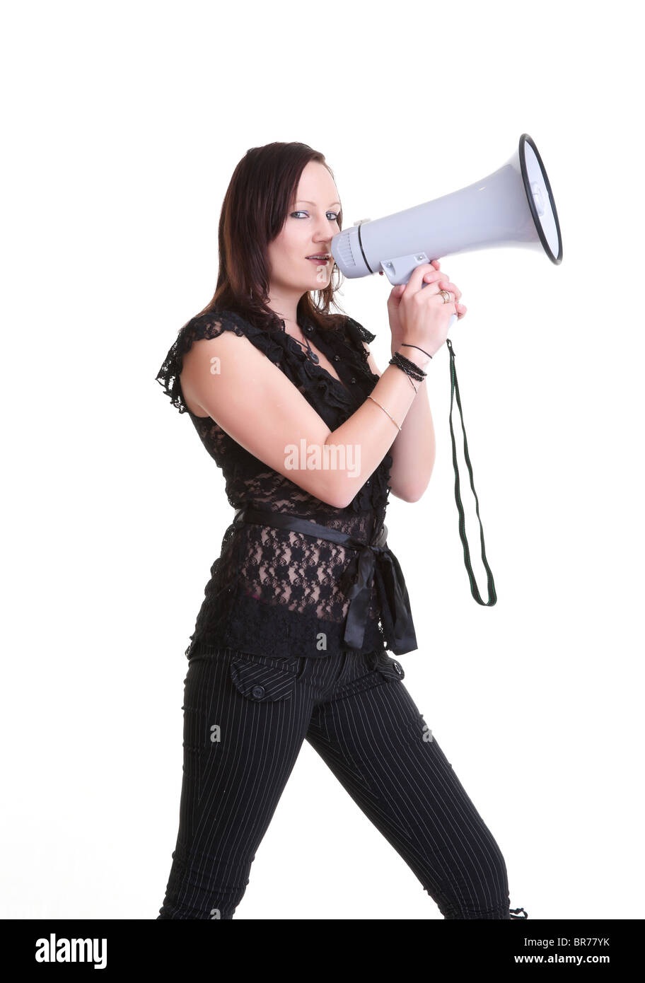 pretty young woman with megaphone isolated on white Stock Photo - Alamy