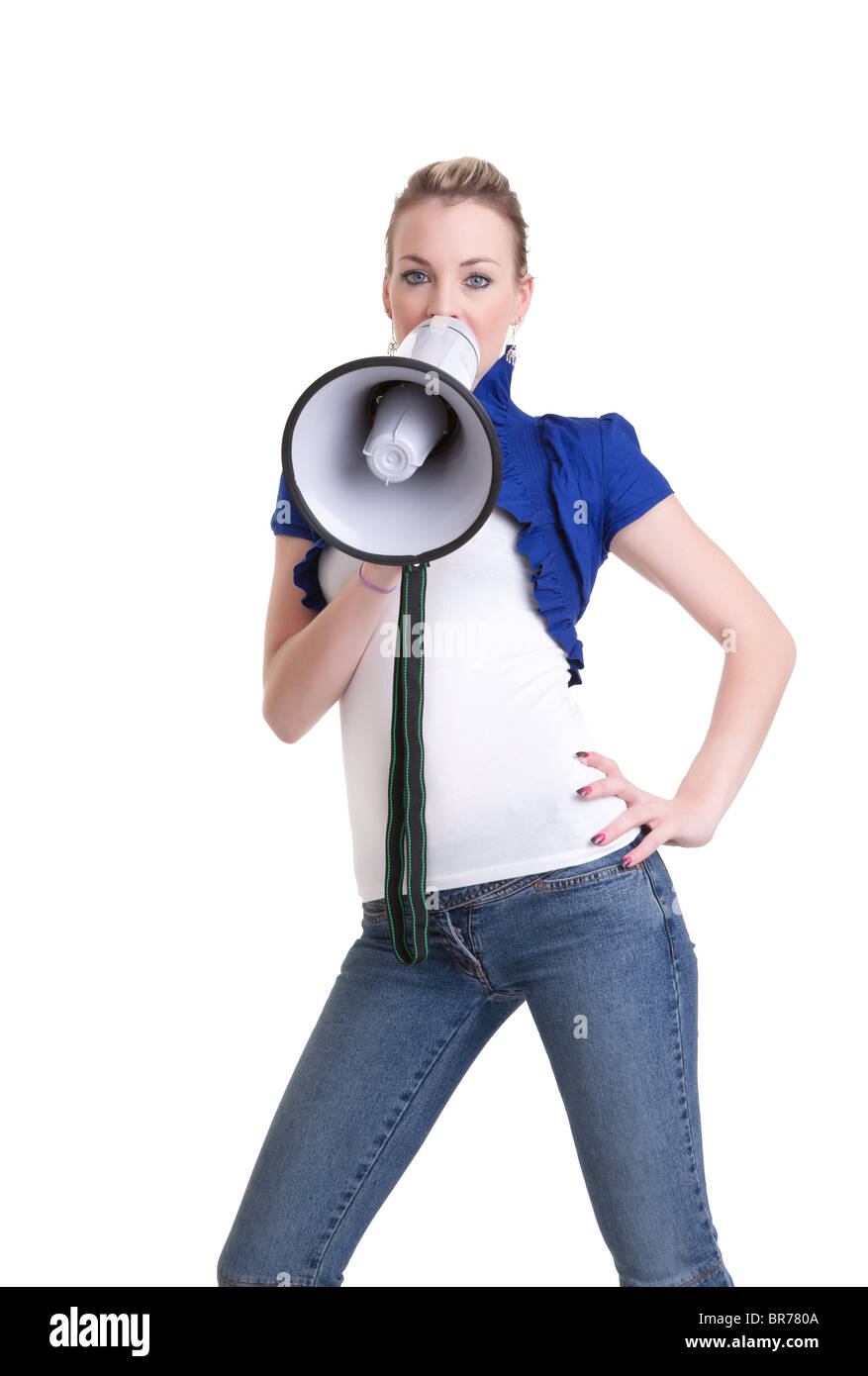 pretty young woman with megaphone isolated on white Stock Photo - Alamy