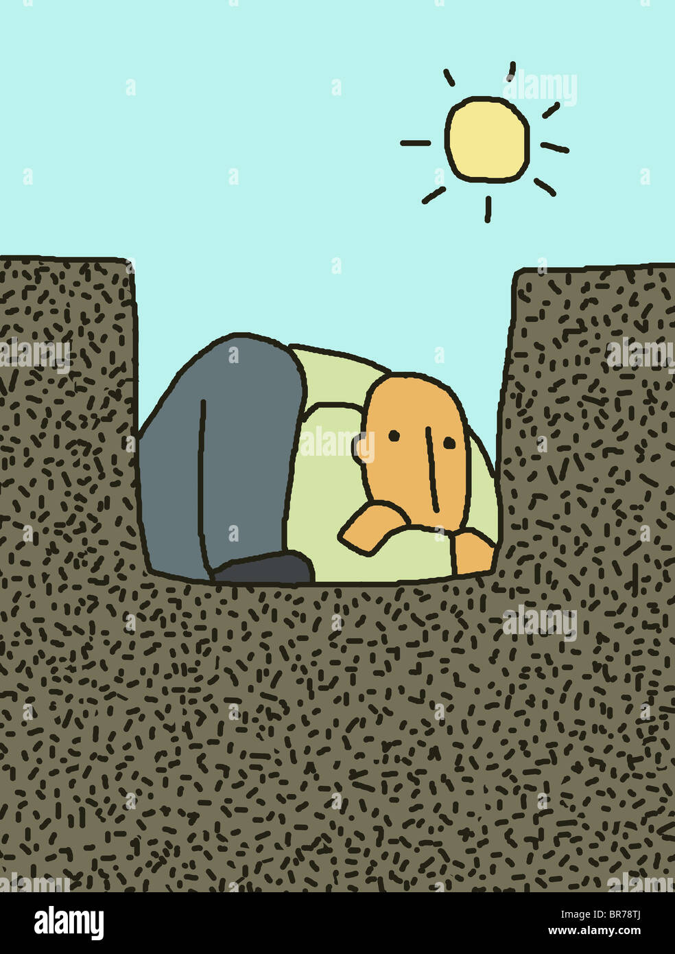 An illustration about self-defeat with a man huddled in a hole in the ...