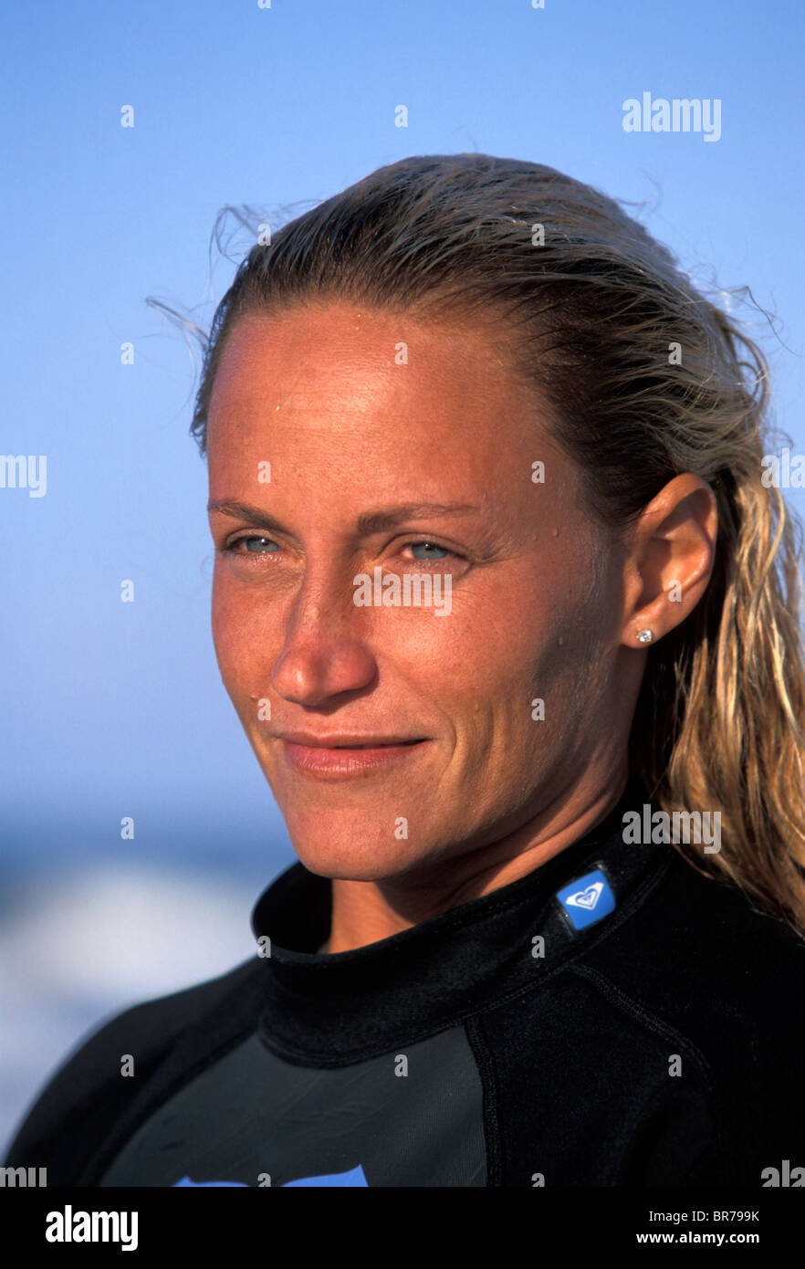 Headshot of female surfer at Ponce De Leon inlet Florida Stock Photo ...