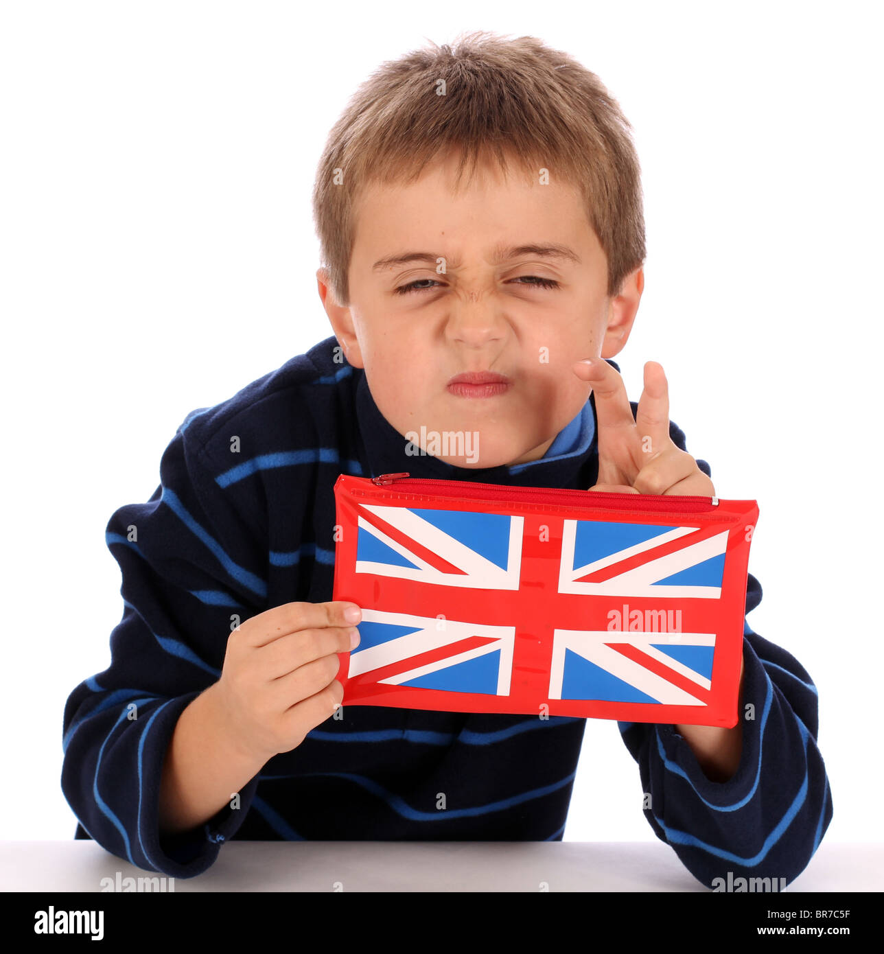 Small boy with his British flag pencil case Stock Photo - Alamy