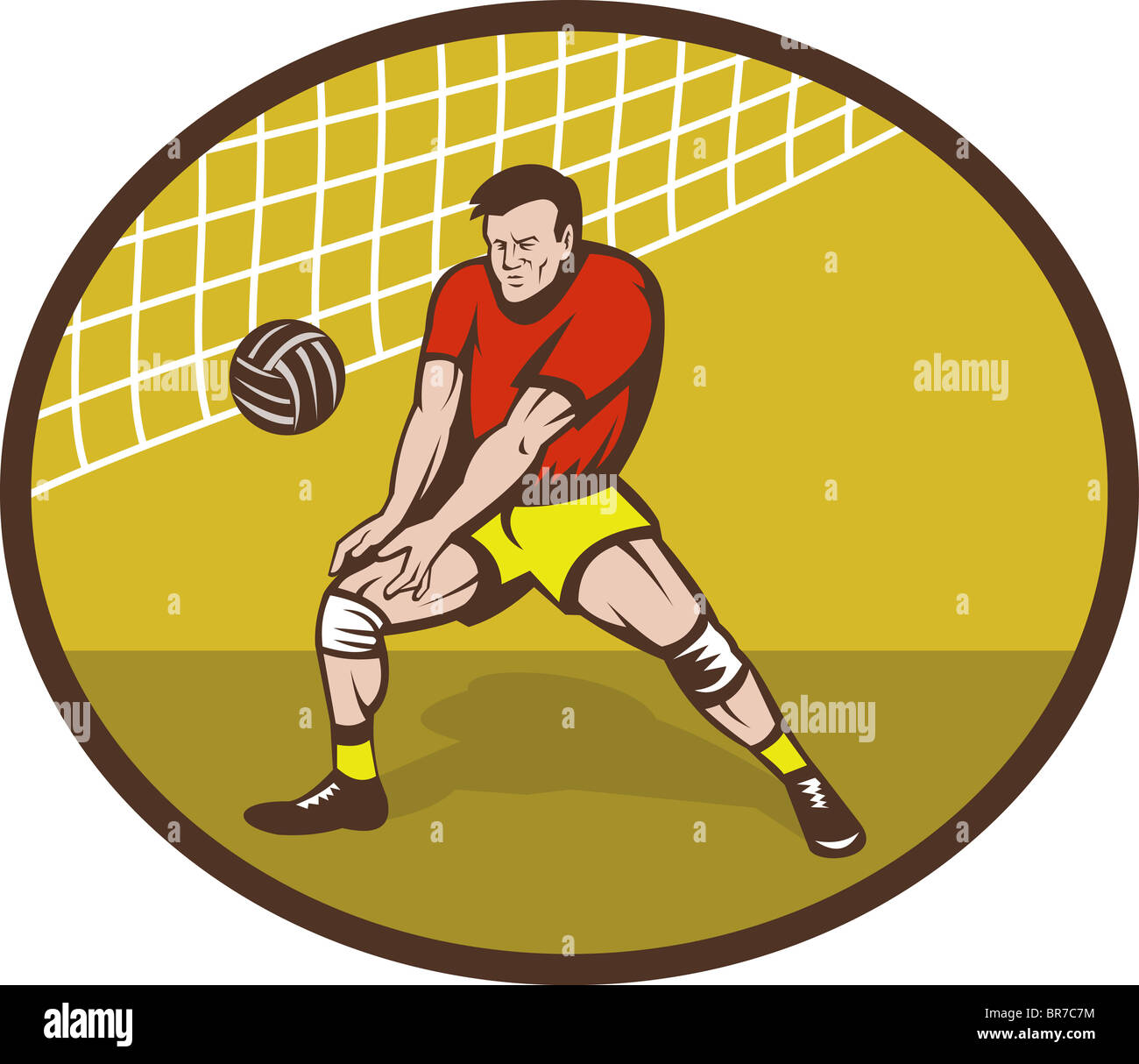 Volleyball player about to strike ball set inside an oval retro style ...