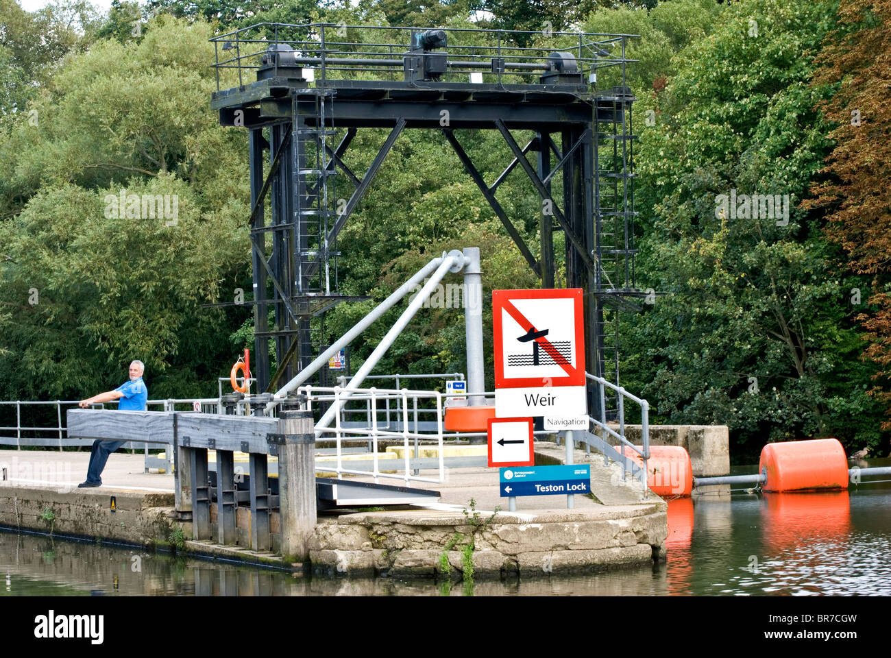 Man working lock gates on a river Stock Photo - Alamy