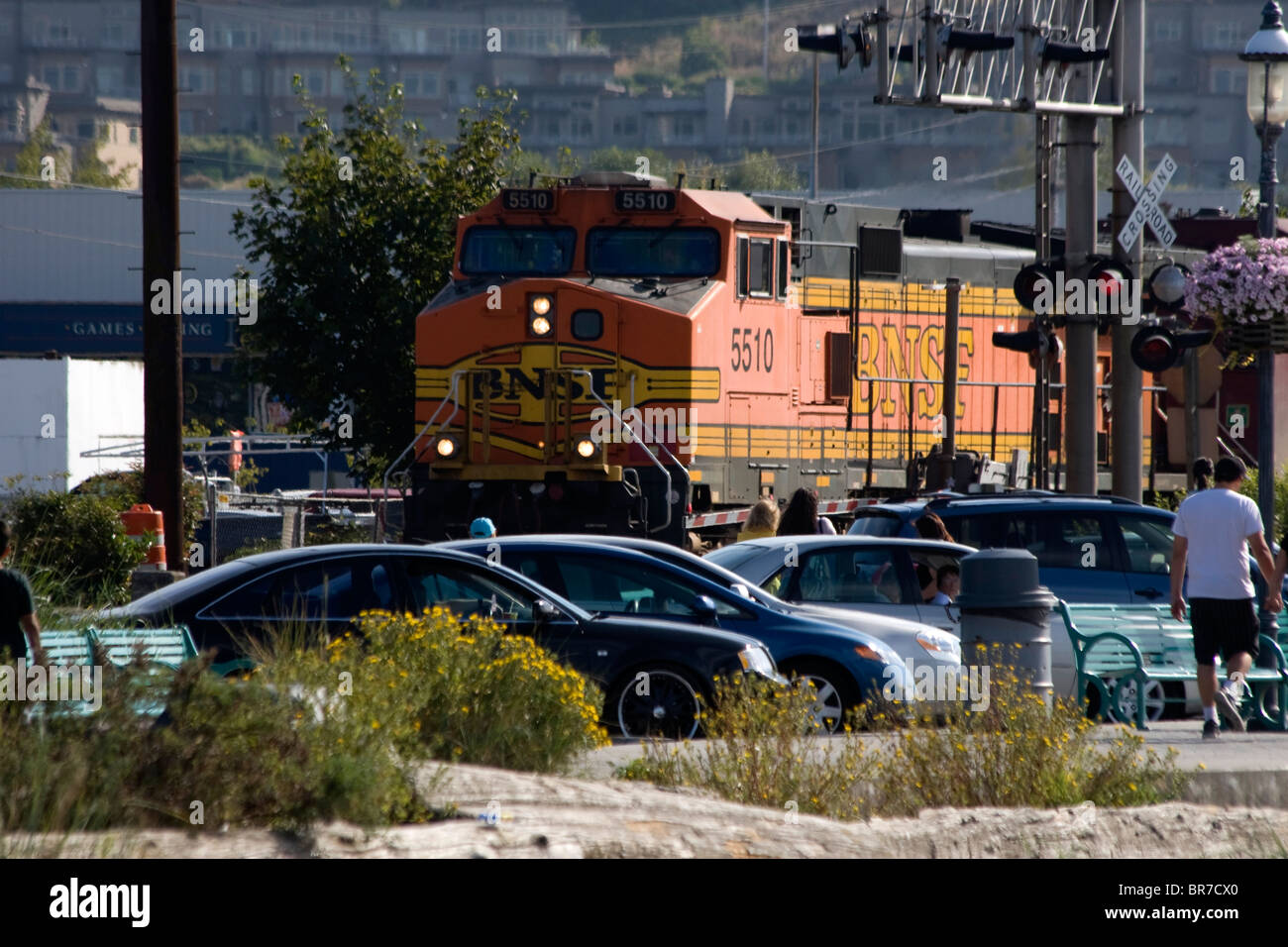 Burlington Northern Santa Fe BNSF Diesel locomotive leads freight train at Edmonds Washington ...