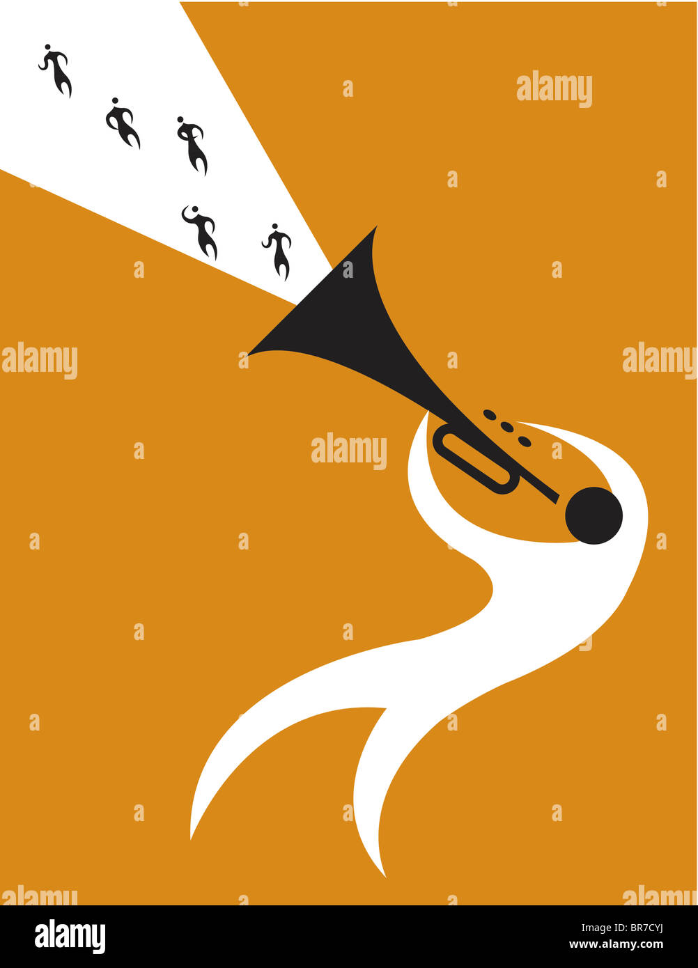 A man playing a trumpet with people flying out of it Stock Photo - Alamy